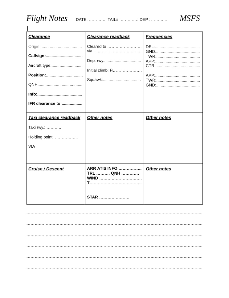Flight Notes for Microsoft Flight Simulator | MSFS