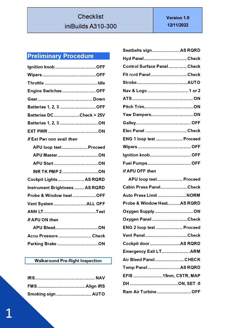 iniBuilds A310-300 Full Checklist for Microsoft Flight Simulator | MSFS