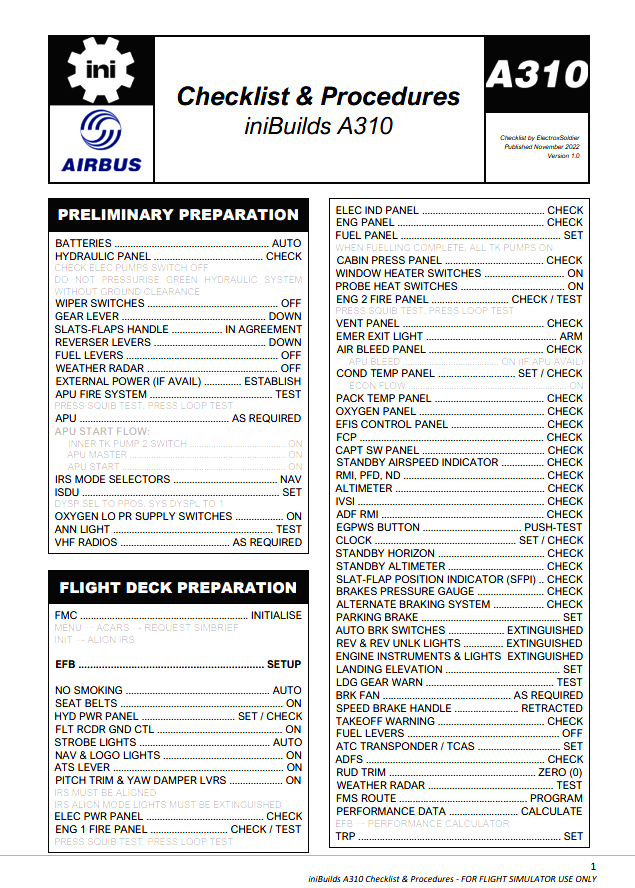 iniBuilds A310 Checklist for Microsoft Flight Simulator | MSFS