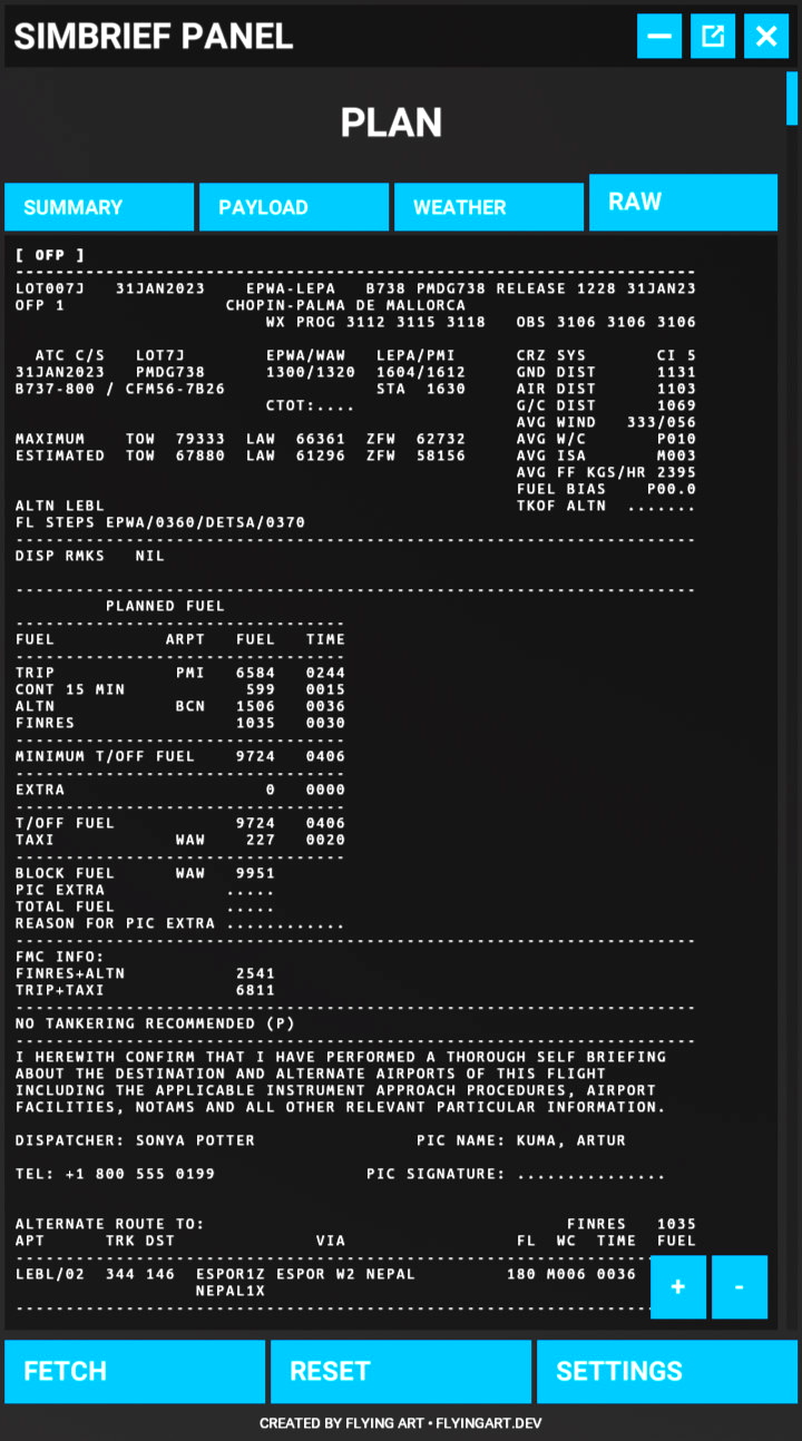 SimBrief Panel for Microsoft Flight Simulator | MSFS