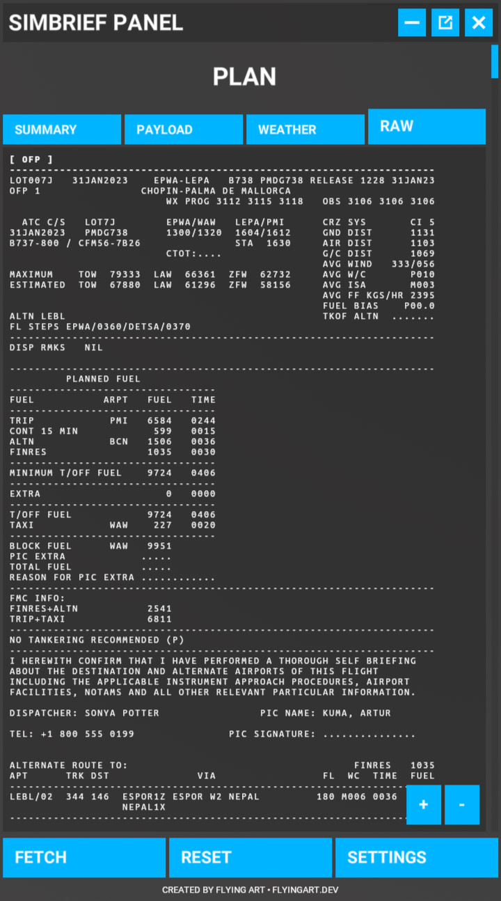 SimBrief Panel pour Microsoft Flight Simulator | MSFS