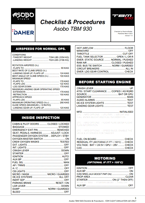 TBM 930 Checklist para Microsoft Flight Simulator | MSFS