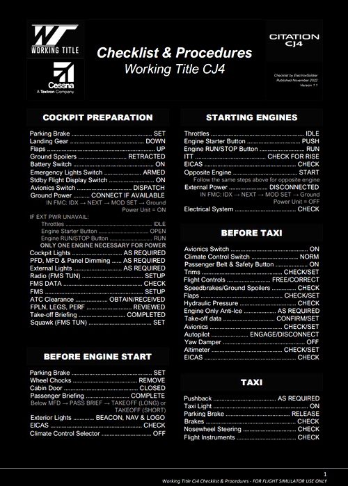 Working Title Cessna Citation CJ4 Checklist for Microsoft Flight Simulator | MSFS