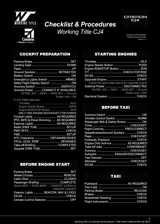 Working Title Cessna Citation CJ4 Checklist for Microsoft Flight ...