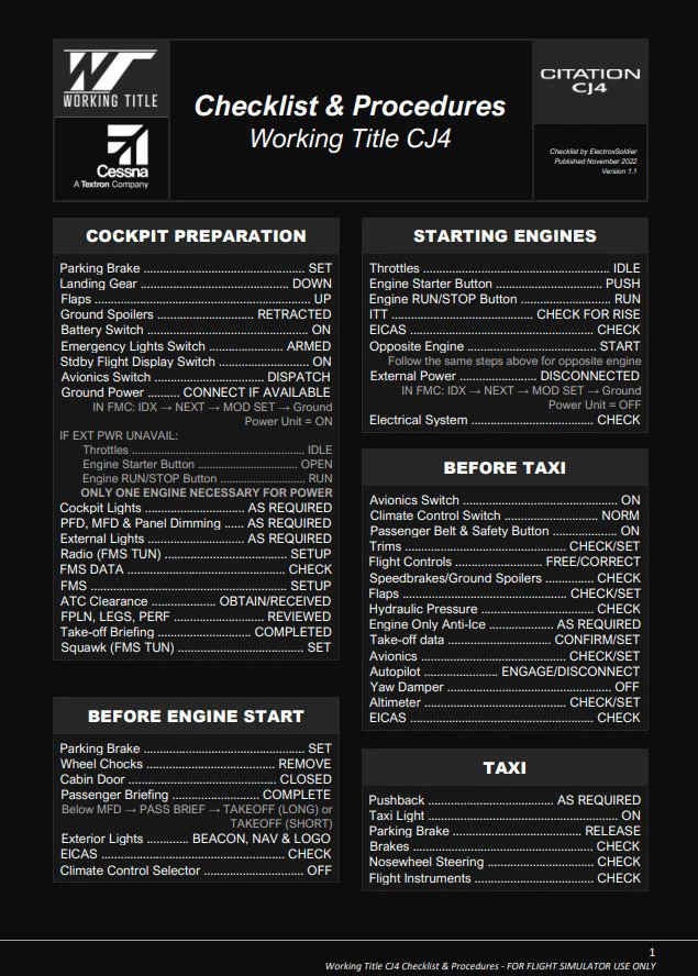 Working Title Cessna Citation CJ4 Checklist for Microsoft Flight ...