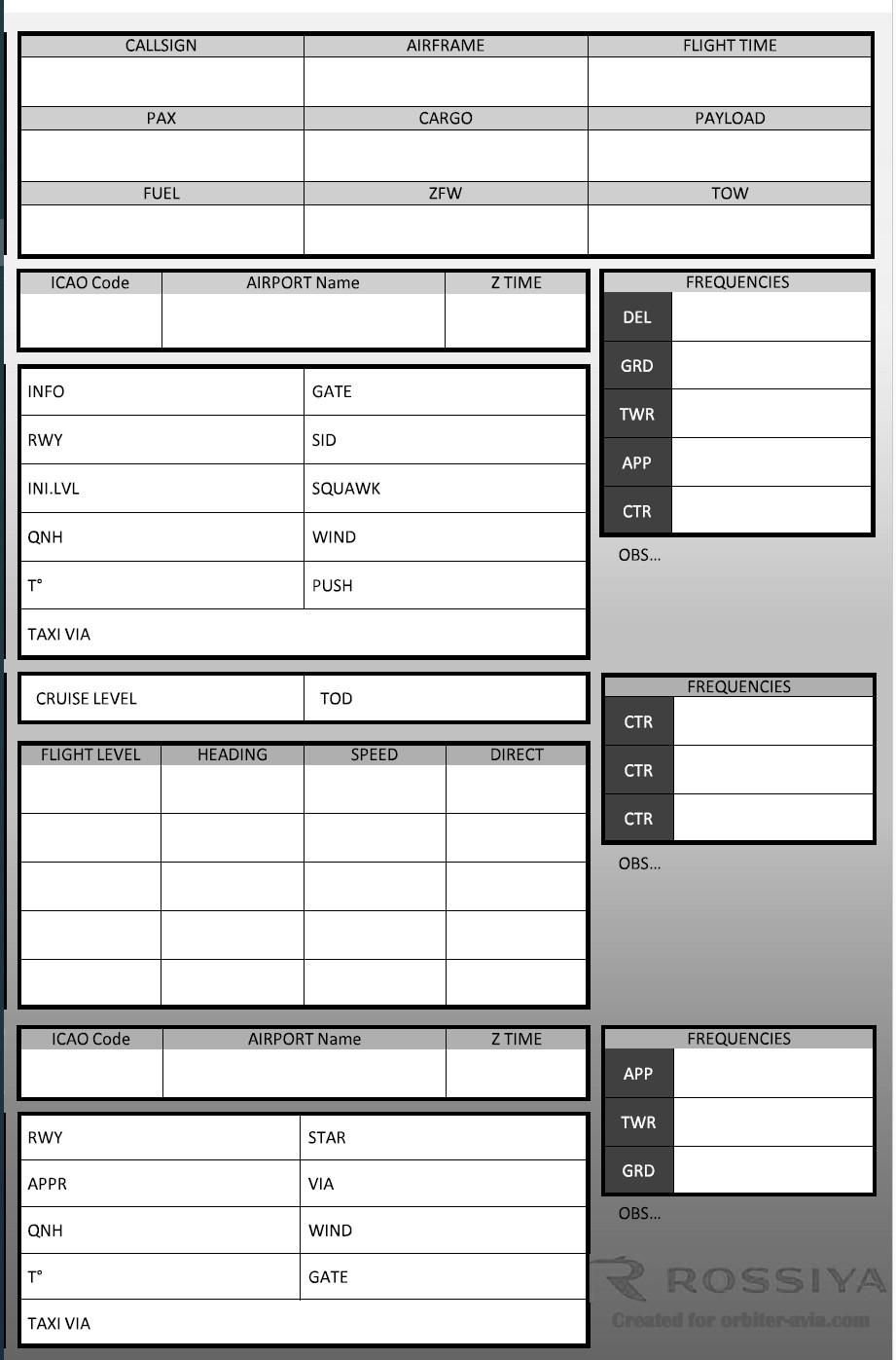 Worksheet for Vatsim/IVAO VA Rossiya for Microsoft Flight Simulator | MSFS