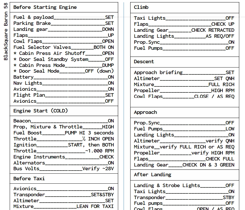 Checklists - Beechcraft Baron Add-Ons for Microsoft Flight Simulator ...