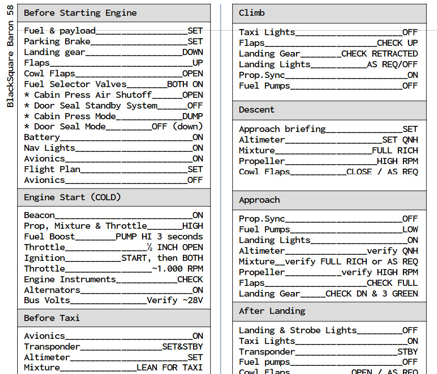 BlackSquare Baron 58 Essential Checklist Printable for Microsoft Flight ...