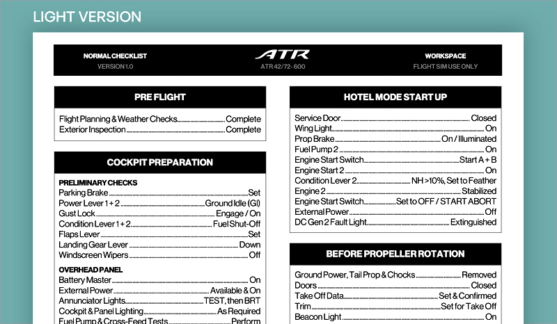 ATR 42/72-600 Checklist for Microsoft Flight Simulator | MSFS