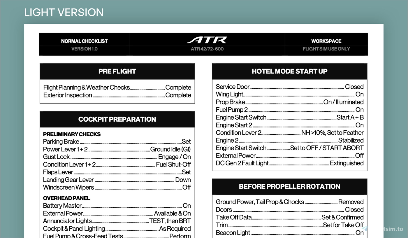 ATR 42/72-600 Checklist for Microsoft Flight Simulator | MSFS