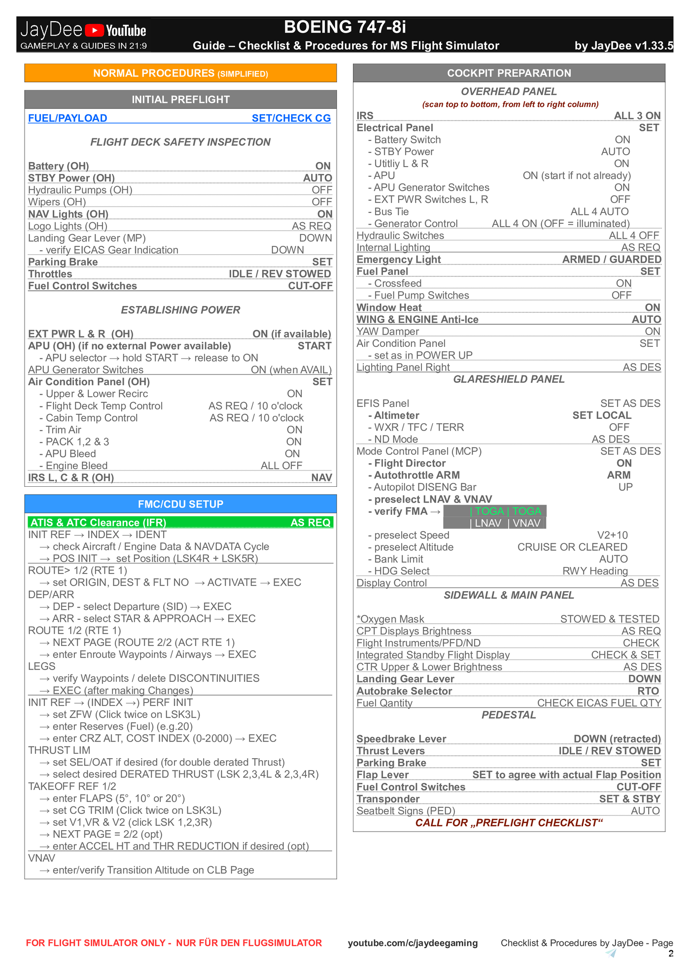B747-8i Checklist & Procedures (JDs) for Microsoft Flight Simulator | MSFS