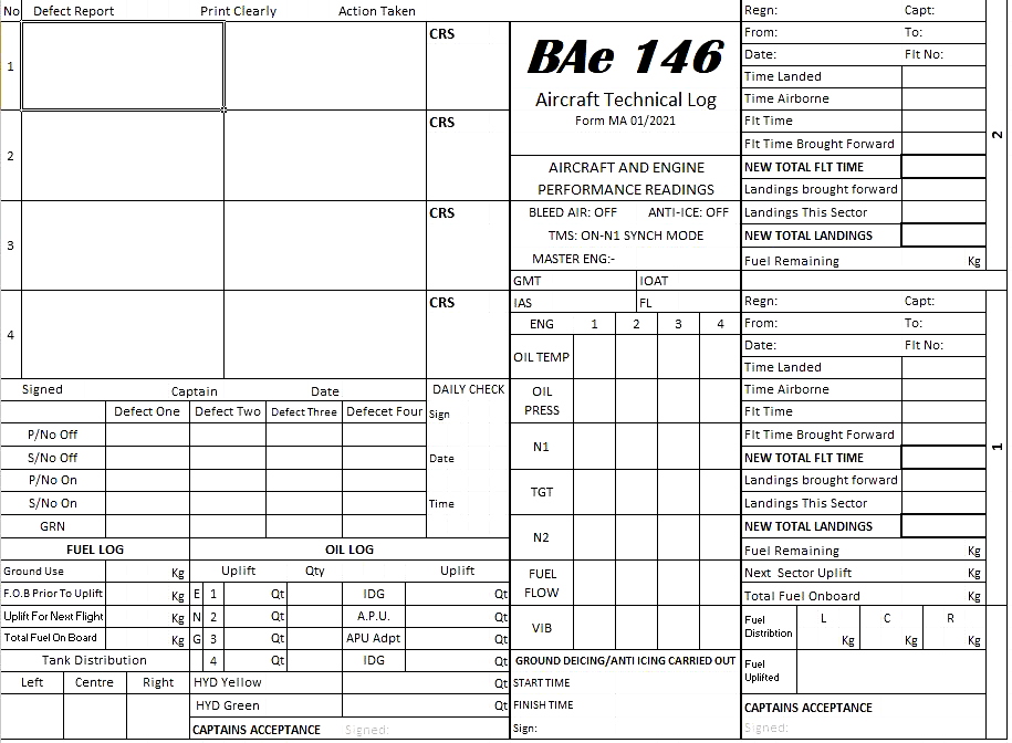 BAE146 tech log sheet for Microsoft Flight Simulator | MSFS