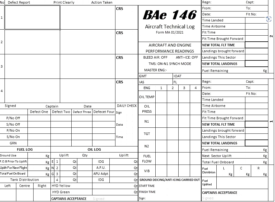 BAE146 tech log sheet for Microsoft Flight Simulator | MSFS