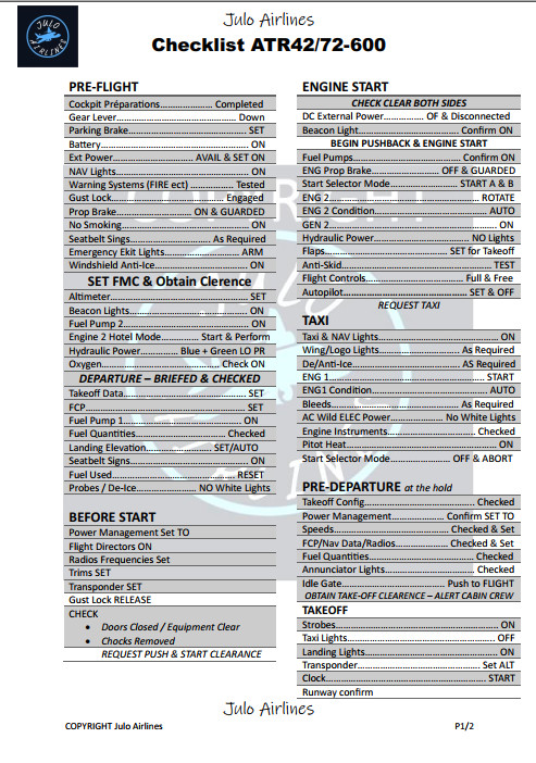 checklist ATR42/72-600 Julo Airlines for Microsoft Flight Simulator | MSFS