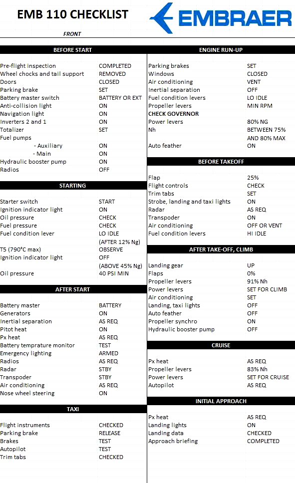 EMB110 checklist for Microsoft Flight Simulator | MSFS