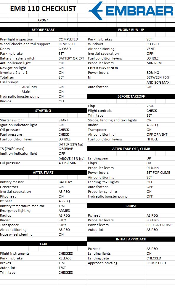 EMB110 checklist für Microsoft Flight Simulator | MSFS