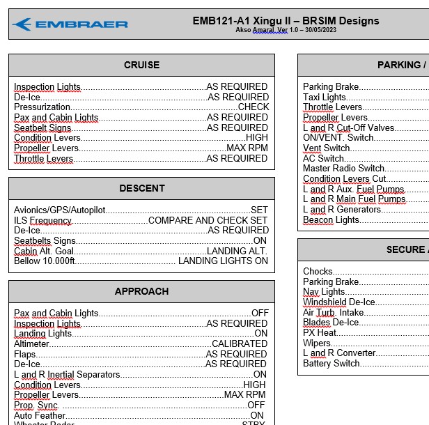 Embraer 121 - Xingu Checklist (BRSIM Designs) 对于 Microsoft Flight ...
