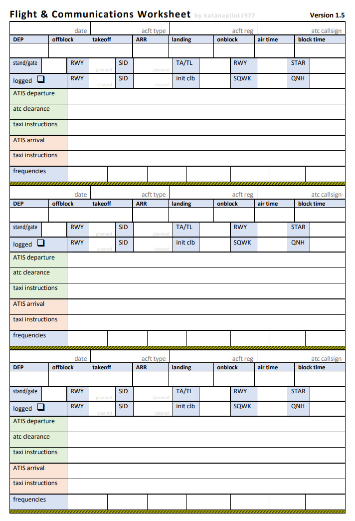 Flight & Communications worksheet (VATSIM, IVAO, etc.) for Microsoft Flight Simulator | MSFS