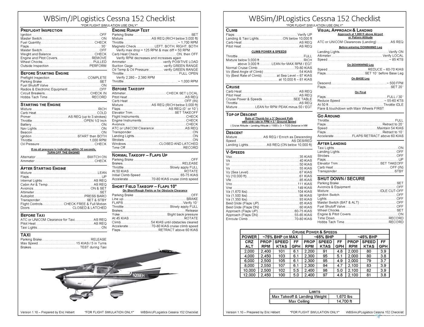 WBSim/JPLogistics Cessna 152 Checklist v1.10 for Microsoft Flight ...