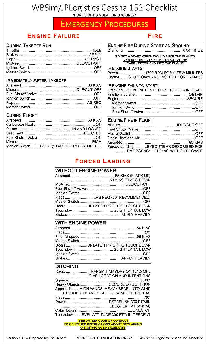 WBSim/JPLogistics Cessna 152 Checklist v1.12 for Microsoft Flight ...