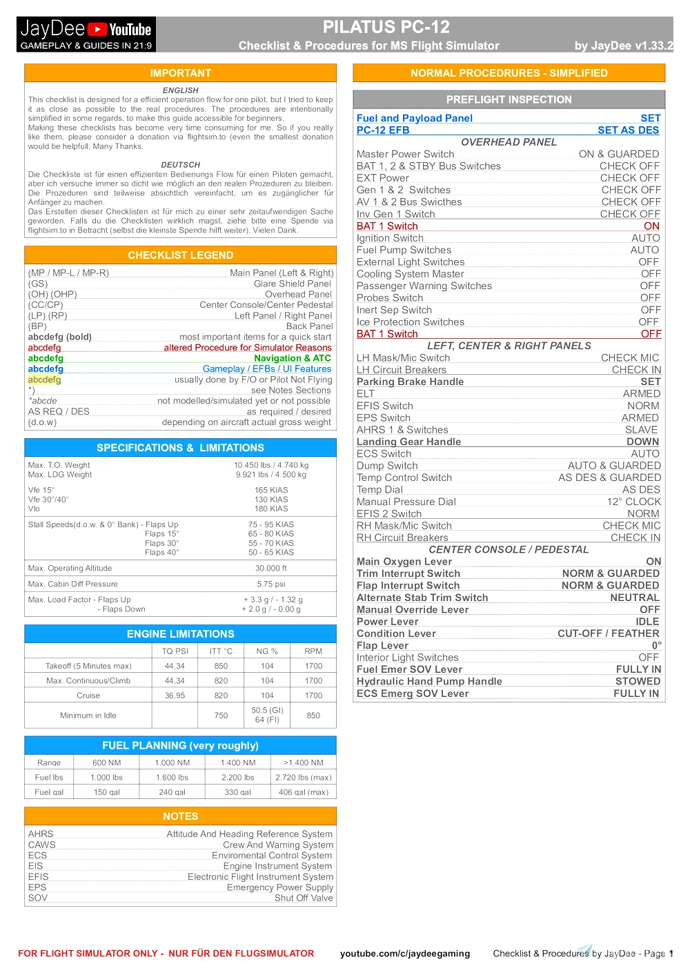 Pilatus PC-12 - Checklist & Procedures for Microsoft Flight Simulator | MSFS