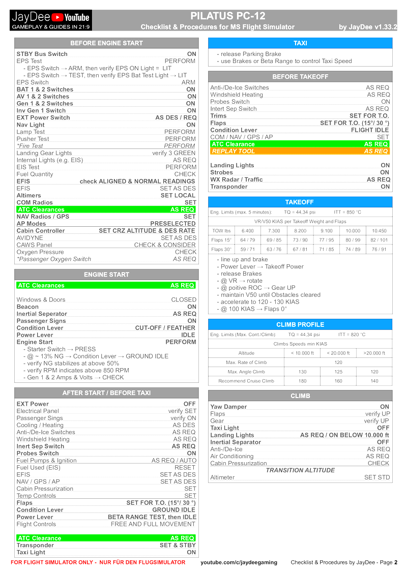 Pilatus PC-12 - Checklist & Procedures for Microsoft Flight Simulator | MSFS