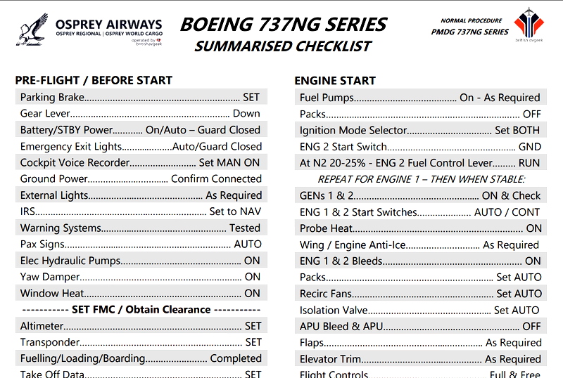 PMDG 737NG Summarised Normal Checklist for Microsoft Flight Simulator ...