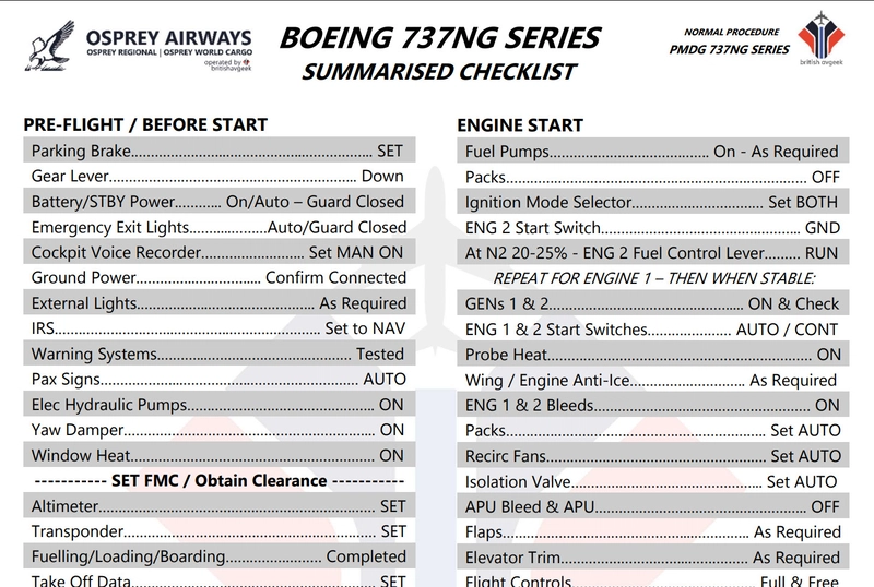 PMDG 737NG Summarised Normal Checklist for Microsoft Flight Simulator ...