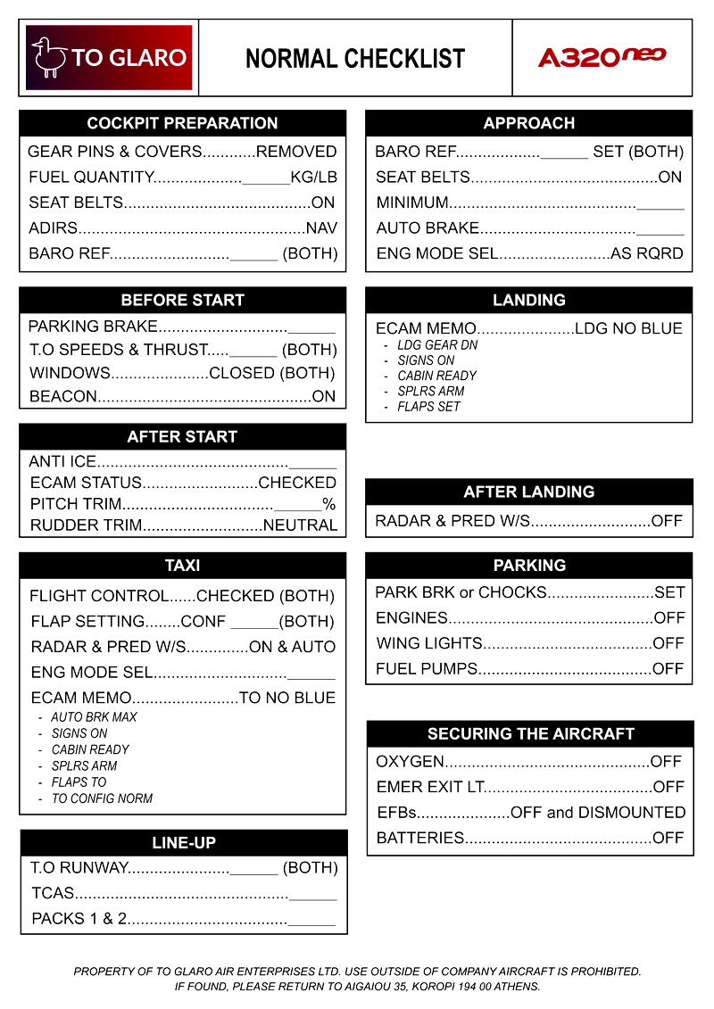 To Glaro Airbus A320 Normal Checklist - A32NX, Fenix SOP para Microsoft Flight Simulator | MSFS