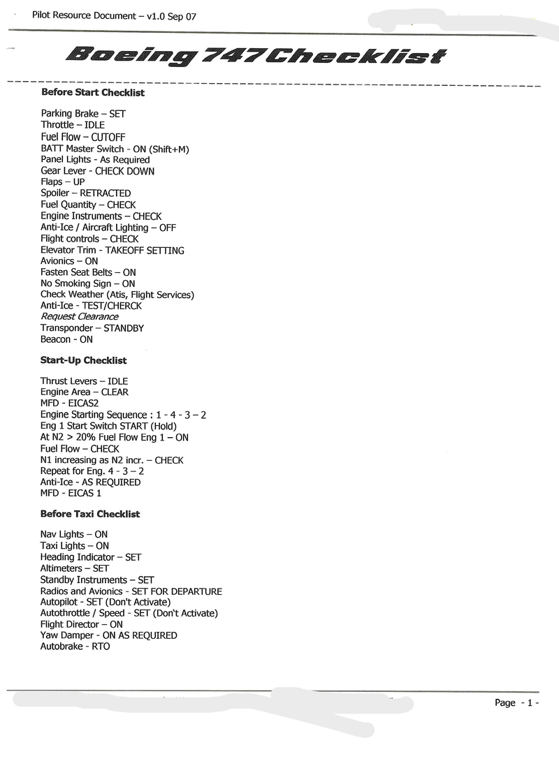 Checklists for Boeing 747-8 on Microsoft Flight Simulator