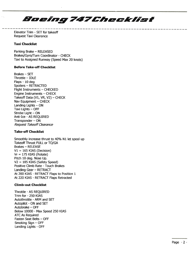 747 Checklist for Microsoft Flight Simulator | MSFS