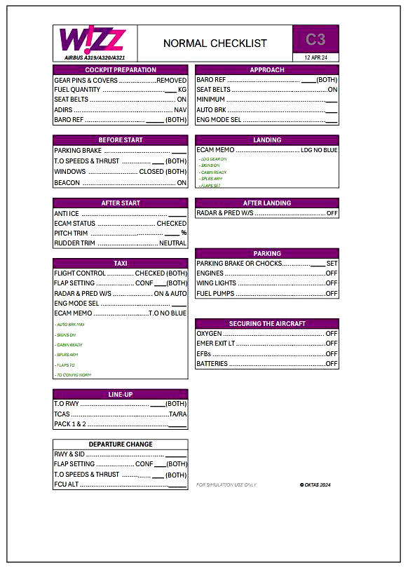 A320 Normal Checklist | Wizz-Air for Microsoft Flight Simulator | MSFS