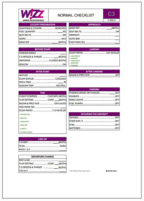 A320 Normal Checklist | Wizz-Air for Microsoft Flight Simulator | MSFS