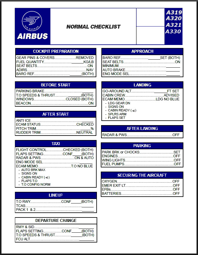 AIRBUS Checklist with the Design from Air German (VA) for the A319, A320, A321 and A330-900 für ...