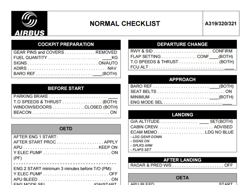 Checklists for Airbus A320neo on Microsoft Flight Simulator