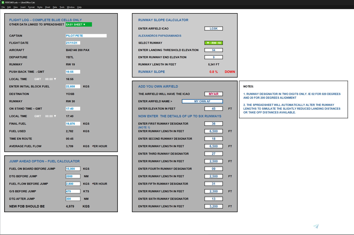 Aircraft Runway Performance Spreadsheet for Microsoft Flight Simulator ...