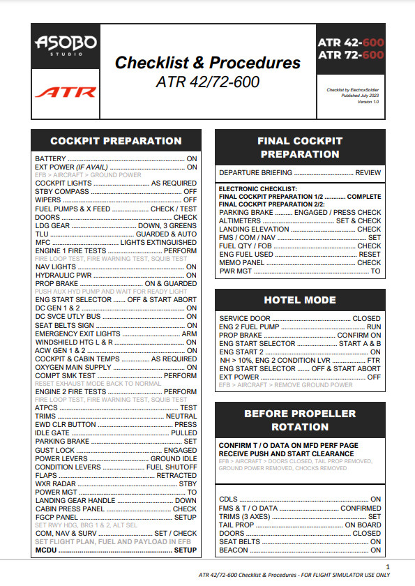 ATR 42/72-600 Checklist for Microsoft Flight Simulator | MSFS
