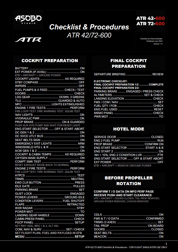 ATR 42/72-600 Checklist para Microsoft Flight Simulator | MSFS