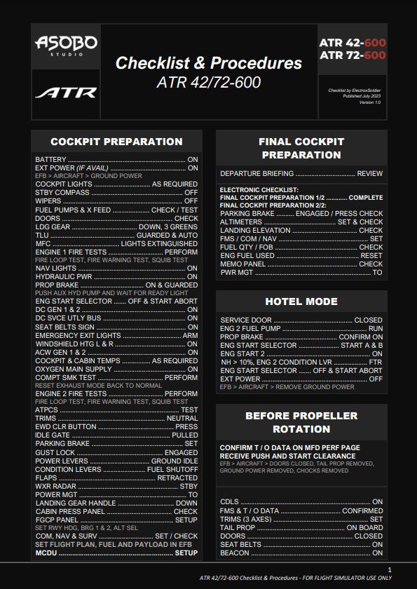 ATR 42/72-600 Checklist 对于 Microsoft Flight Simulator | MSFS