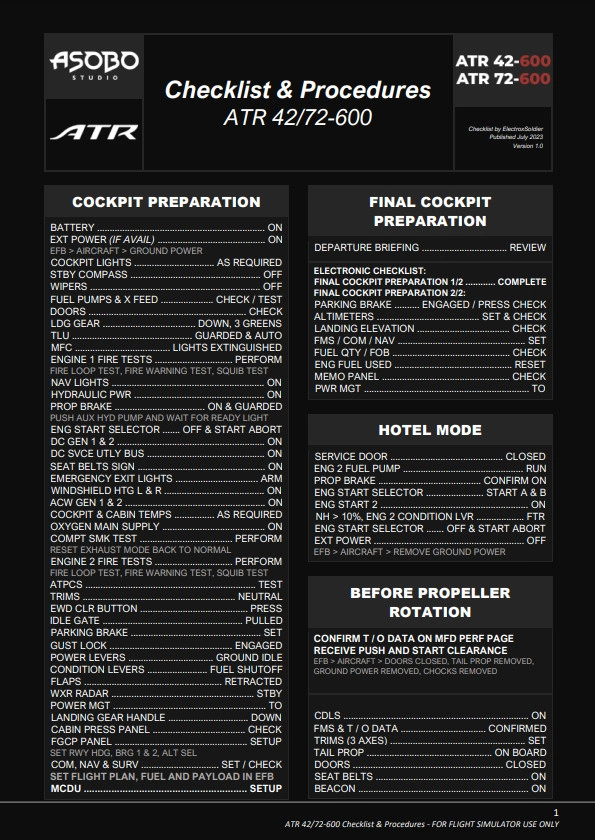 ATR 42/72-600 Checklist for Microsoft Flight Simulator | MSFS