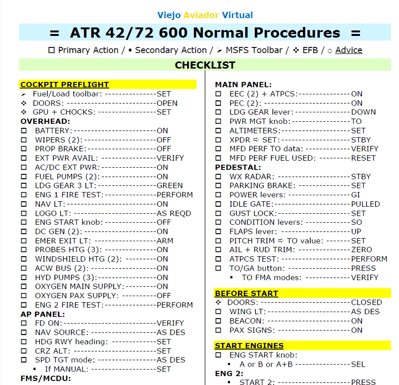 Checklists for Asobo ATR 42/72-600 on Microsoft Flight Simulator