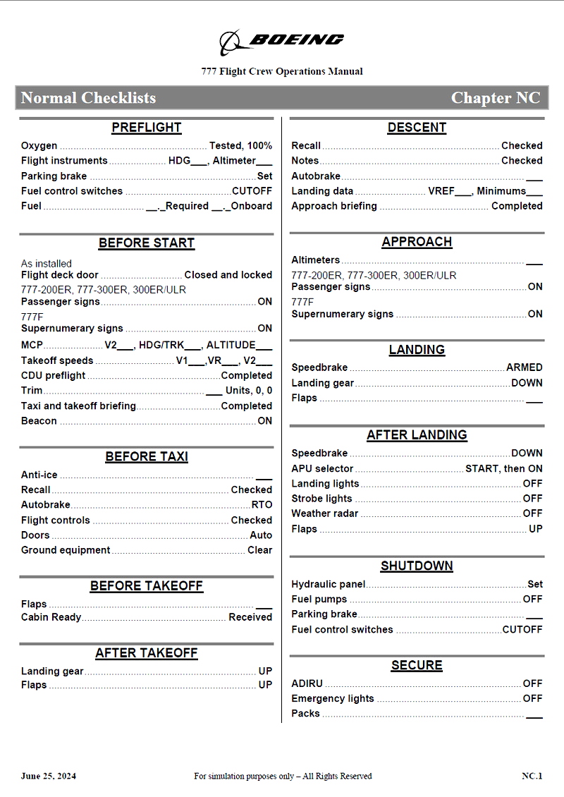 Boeing 777 - Normal checklist (2 official versions) for Microsoft ...