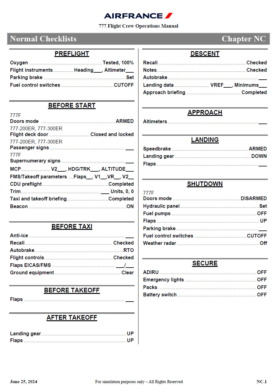 Boeing 777 AIR FRANCE - Normal checklist (official) - MSFS Add-on ...