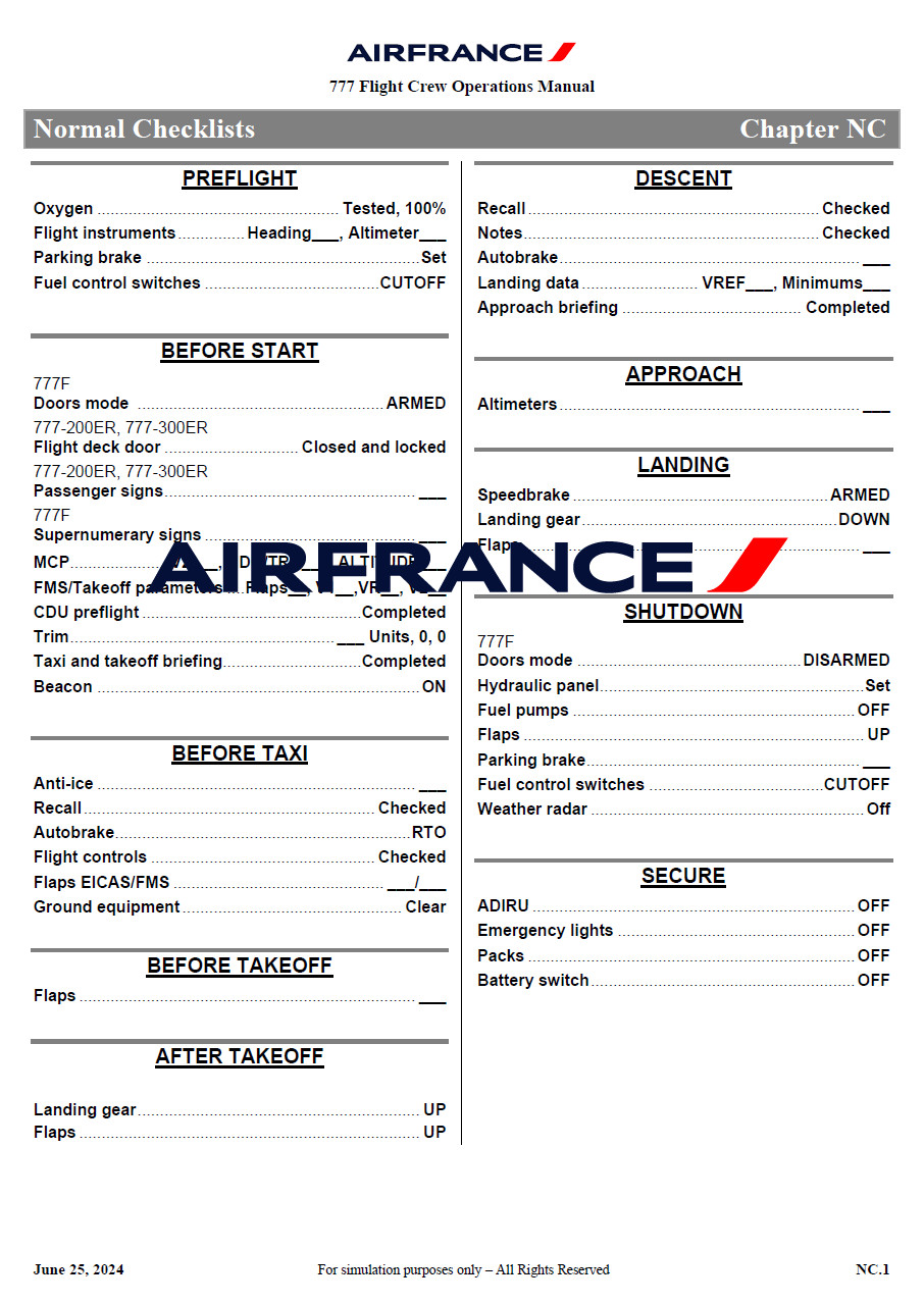 Boeing 777 AIR FRANCE - Normal checklist (official) for Microsoft ...