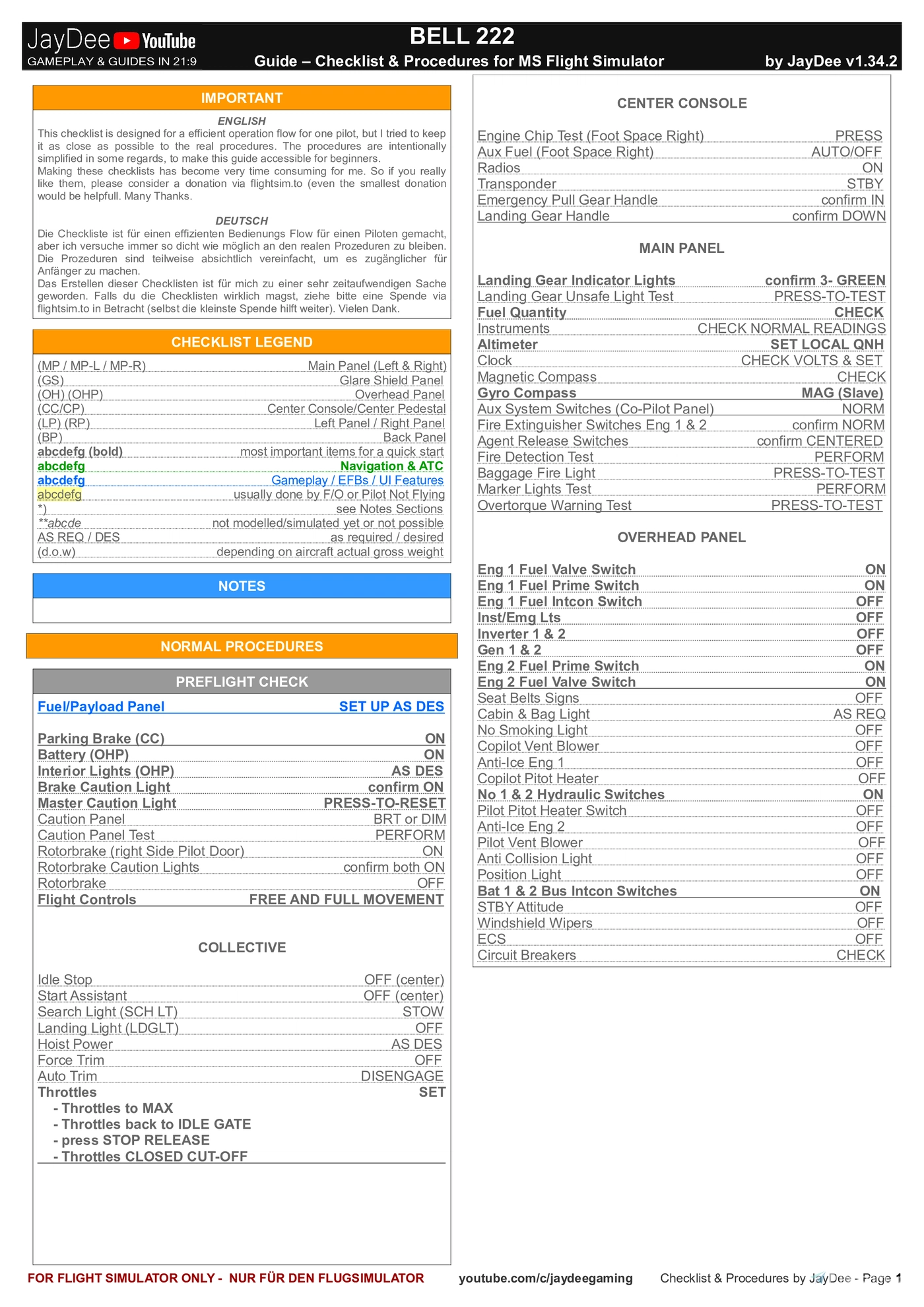Bell 222B - Checklist & Procedures for Microsoft Flight Simulator | MSFS