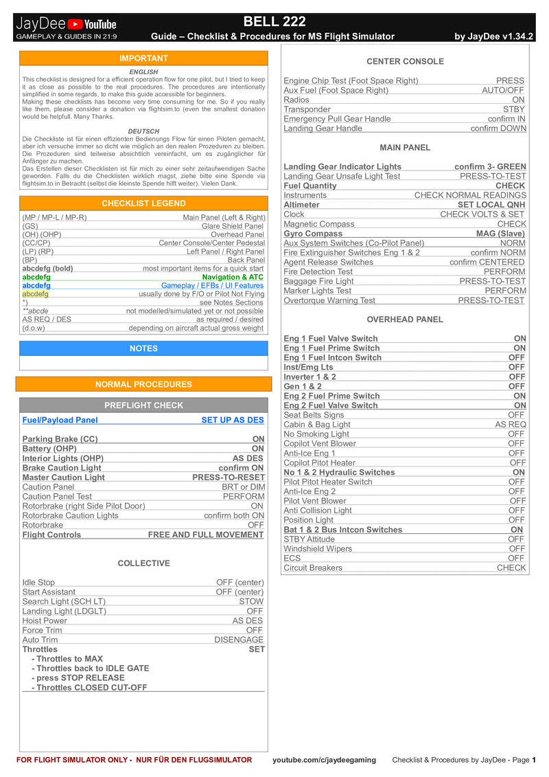 Bell 222B - Checklist & Procedures for Microsoft Flight Simulator | MSFS