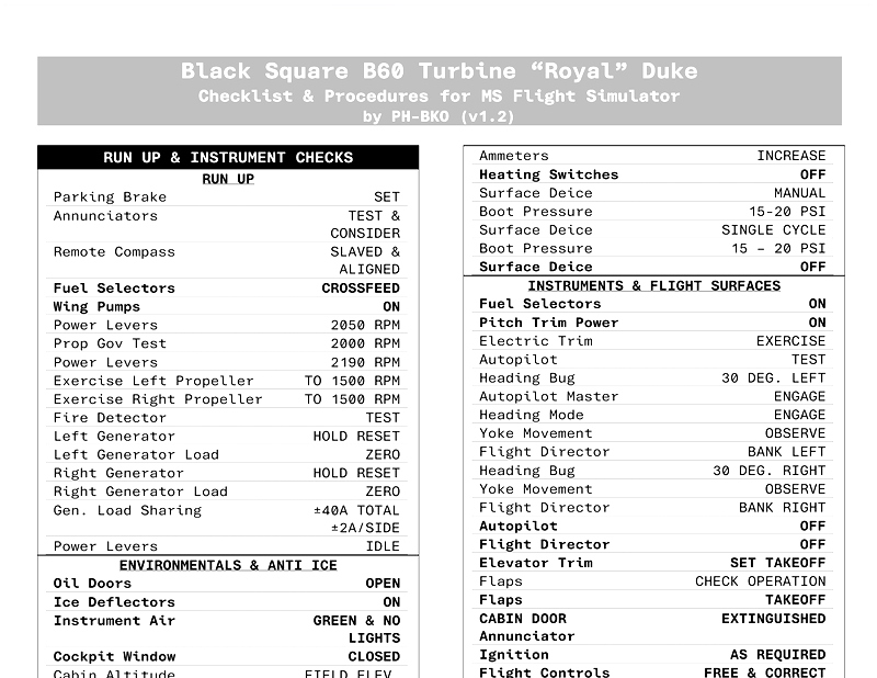 Black Square Beechcraft B60 Turbine "Royal" Duke Checklist & Procedures ...