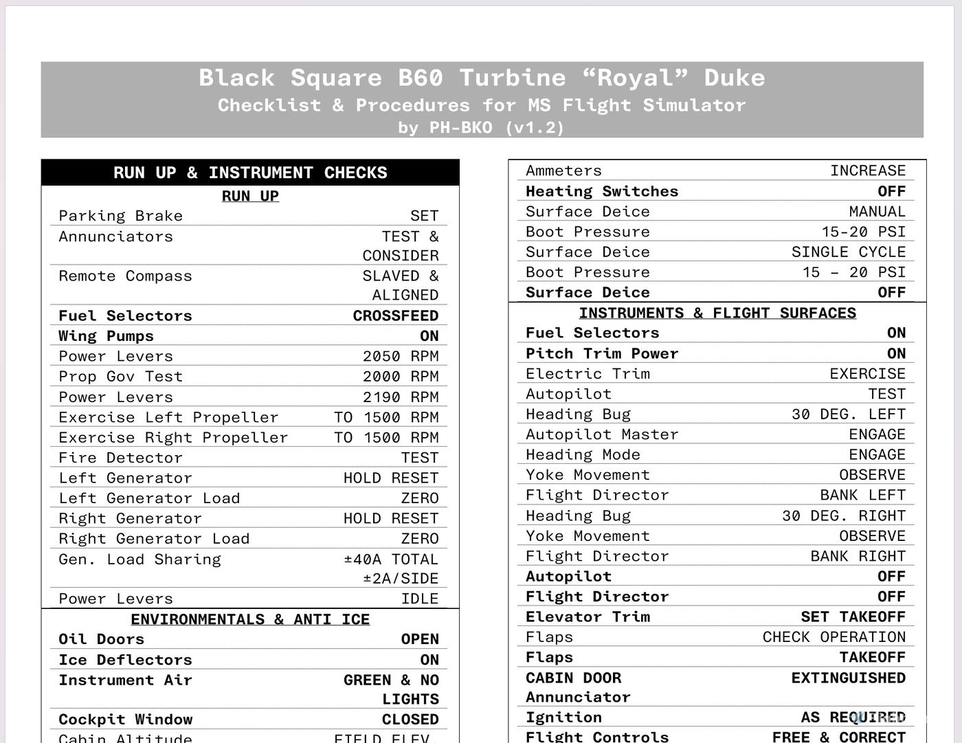 Black Square Beechcraft B60 Turbine "Royal" Duke Checklist & Procedures ...