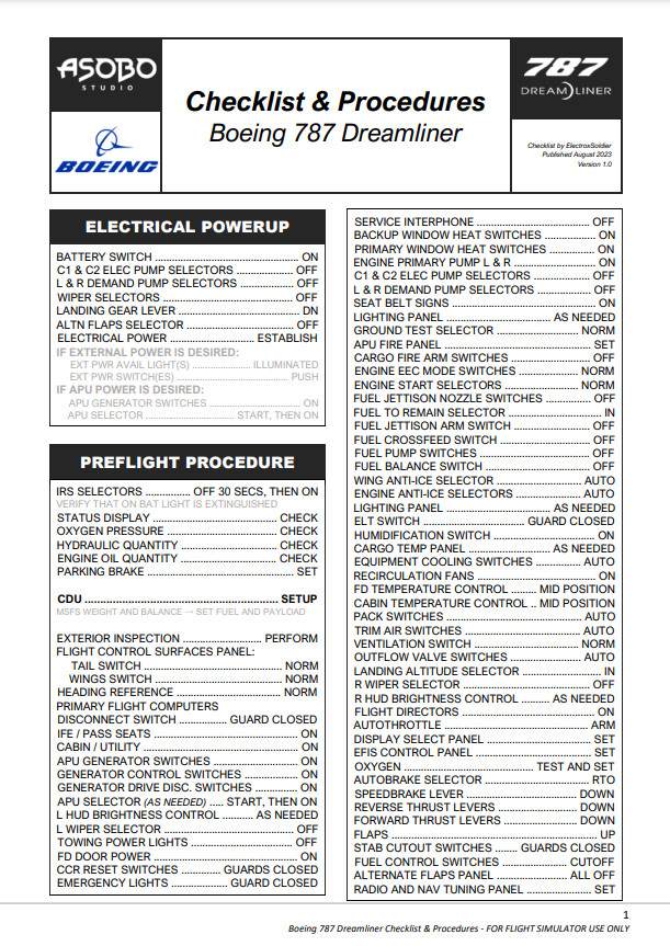 Boeing 787 Dreamliner Checklist for Microsoft Flight Simulator | MSFS