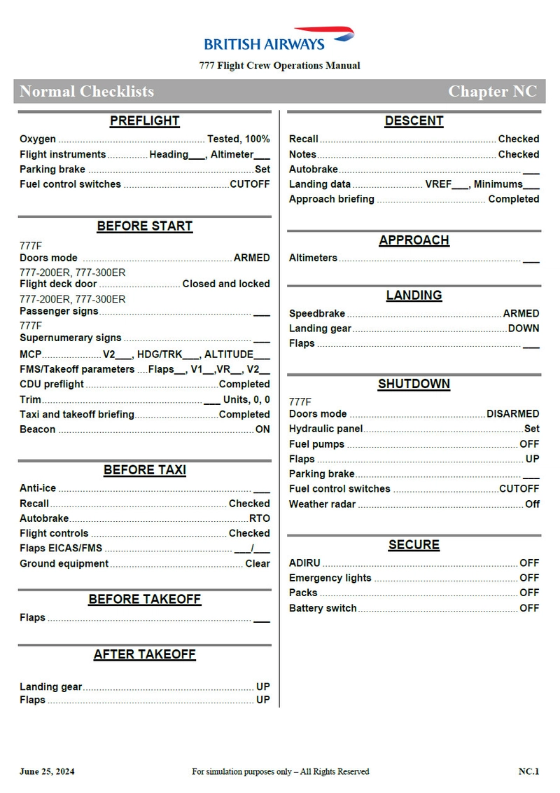 BOEING 777 - Normal checklist (official) for Microsoft Flight Simulator | MSFS